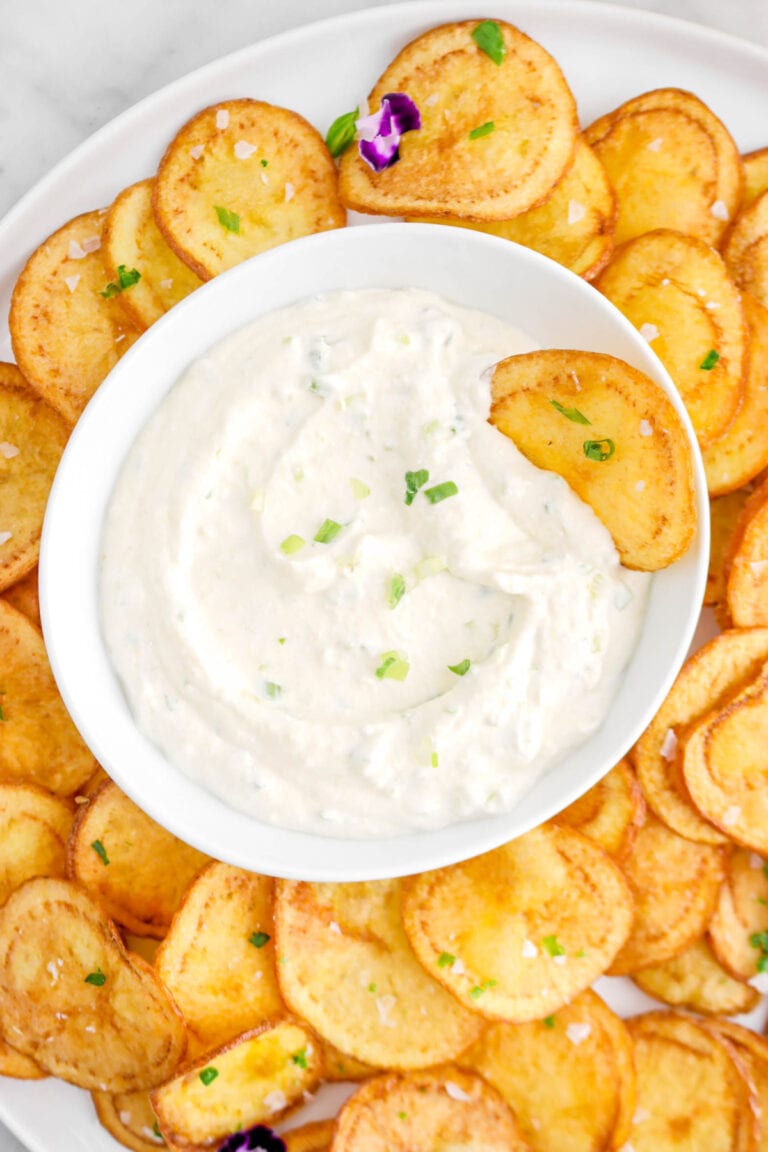 Olive Oil Potato Chips with Sour Cream and Onion Dip - Bakers Table